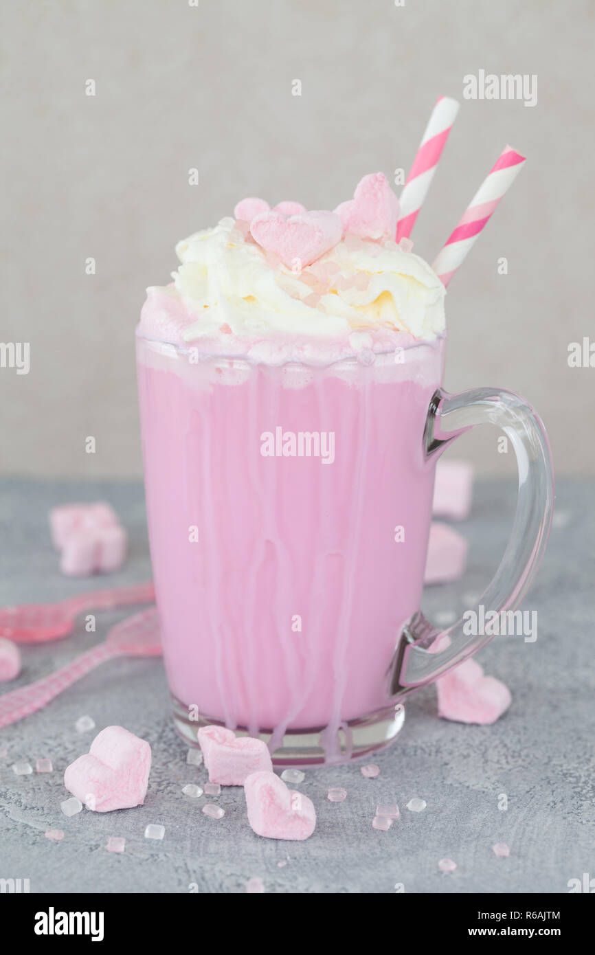 Pink Milkshake With Marshmallows Stock Photo - Alamy