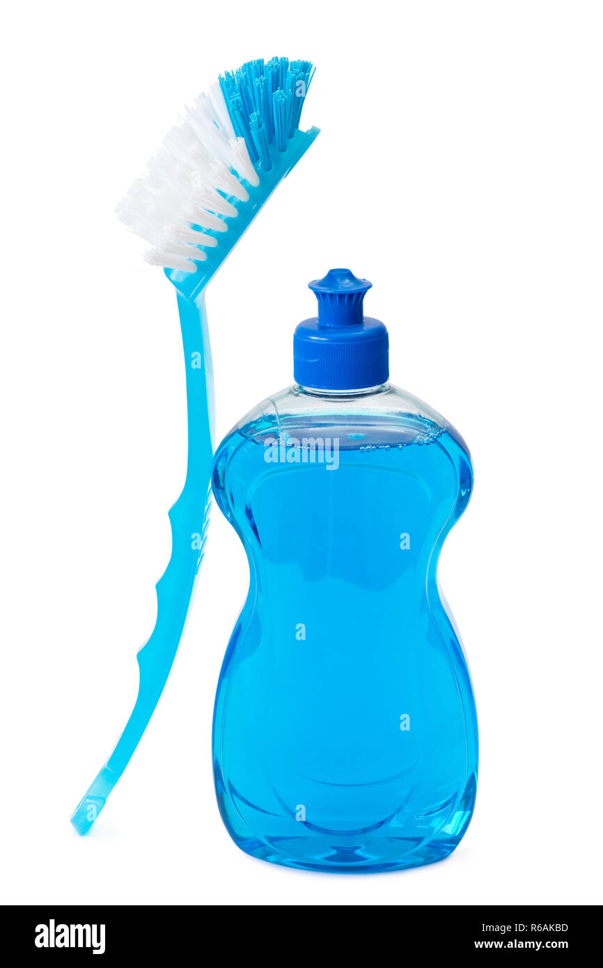 Blue Dishwashing Detergent With Brush Stock Photo - Alamy