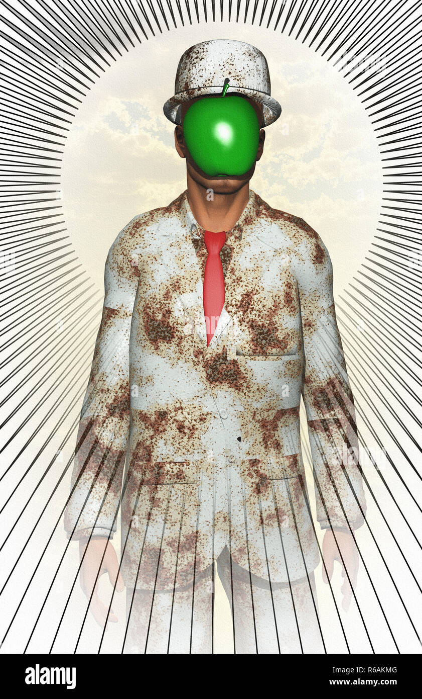 Surreal digital art. Man in white corroded suit with green apple ...