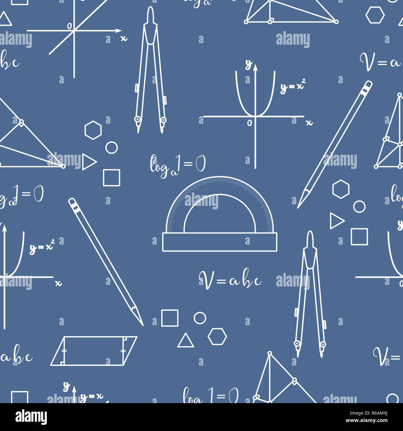 Mathematical scientific vector seamless pattern with geometry plots, tools and formulas ...