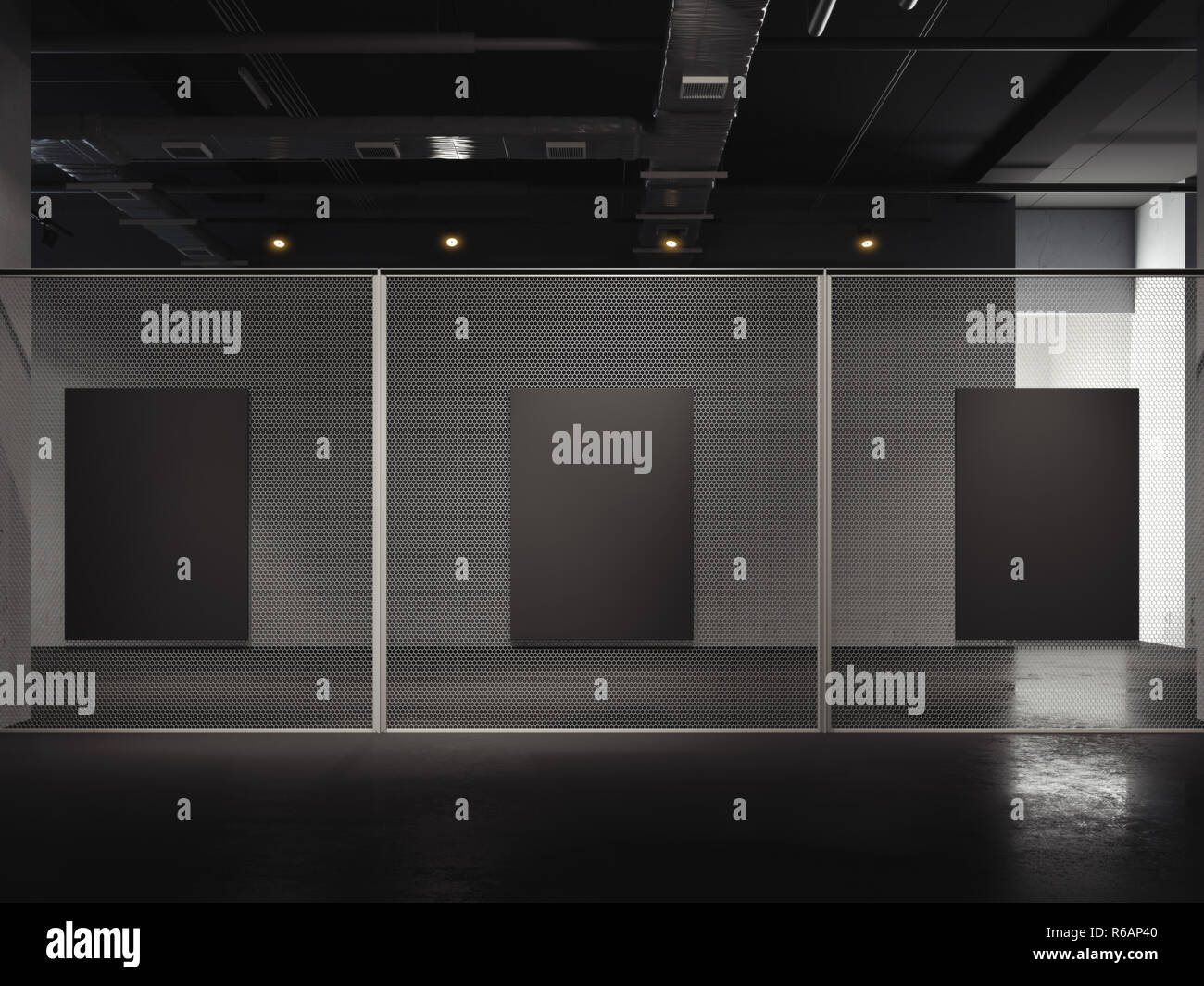 Gloomy gallery with three dark posters. 3d rendering Stock Photo - Alamy