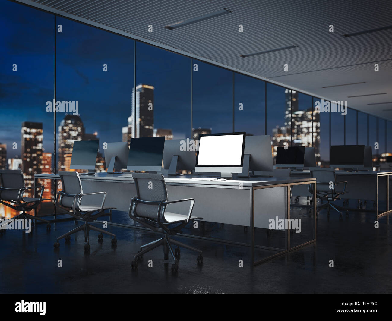Empty night office interior with bright display . 3d rendering Stock ...