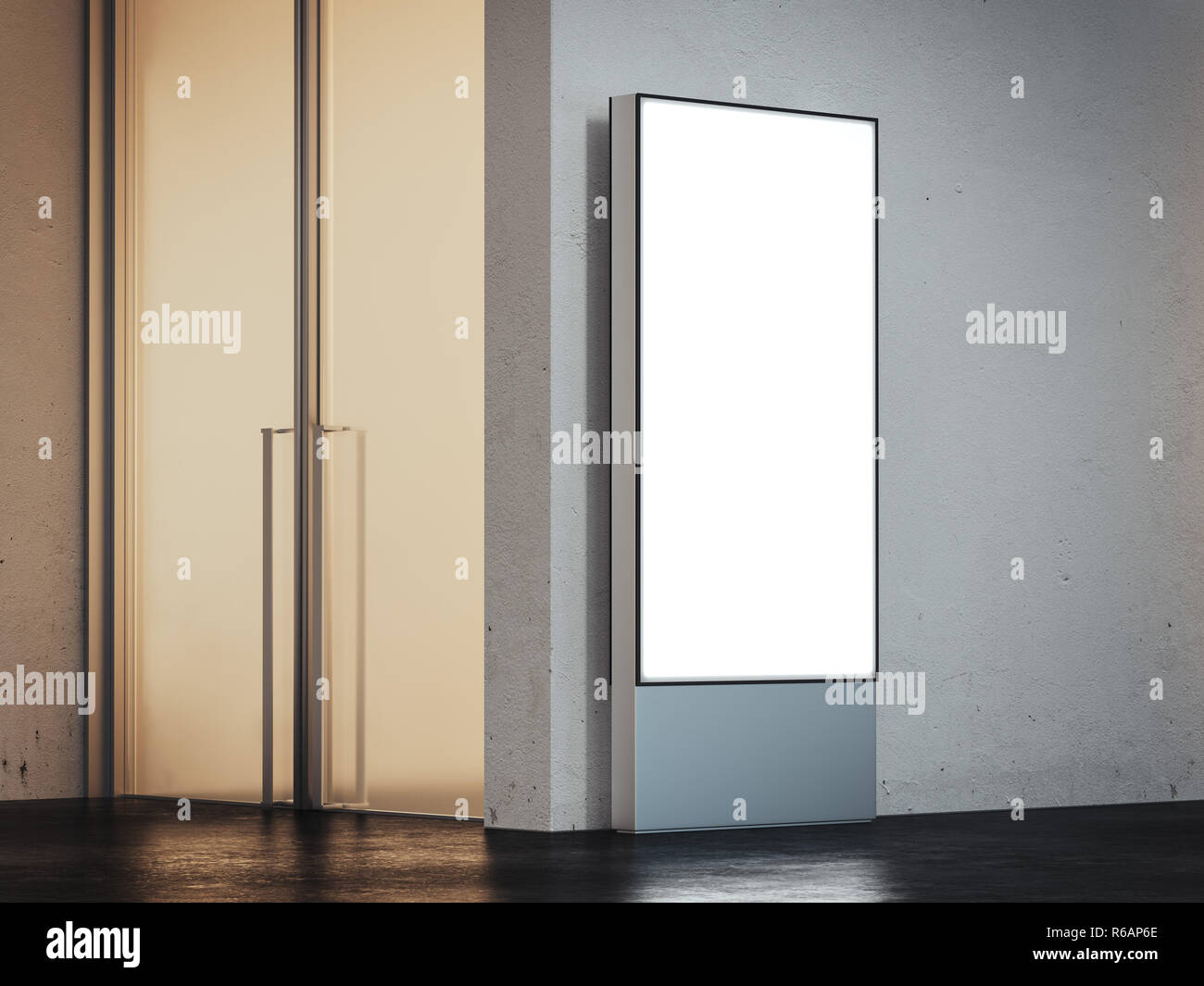 Vertical banner with bright screen in underground interior. 3d ...