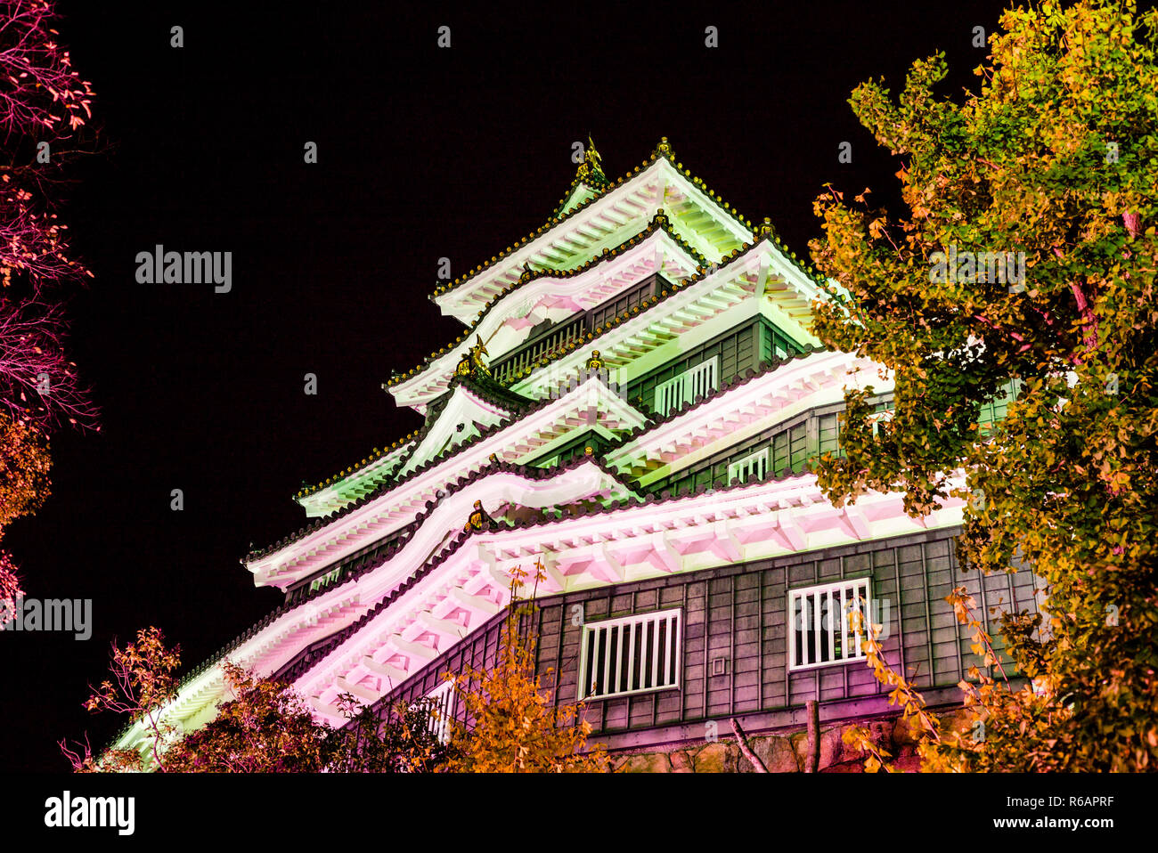 Night view of Okayama Castle, a historic samurai castle in Okayama ...