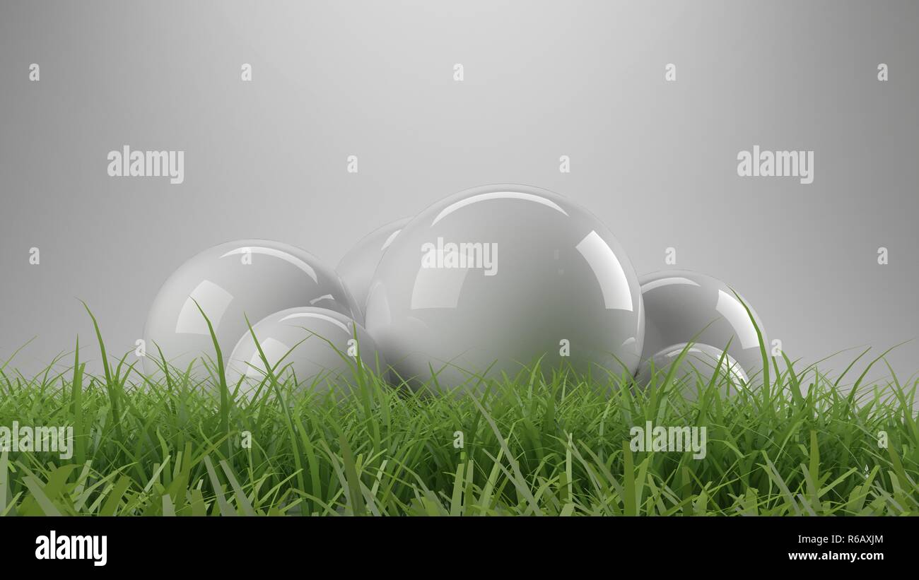 3d rendering of reflective spheres with grass Stock Photo - Alamy