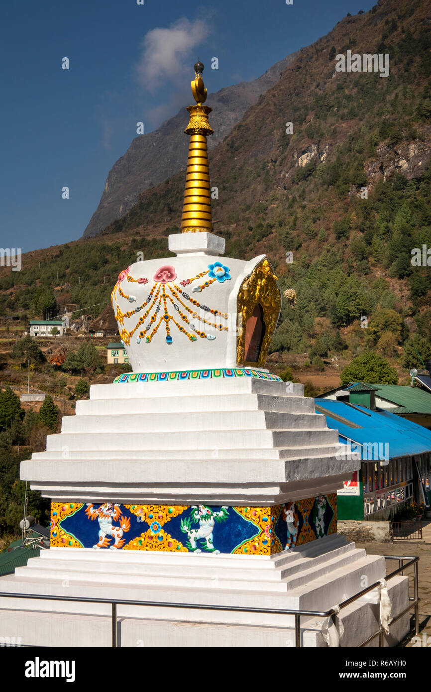 Nepal, Lukla, Thalsharoa, colourful Buddhist chorten with gilded topi ...