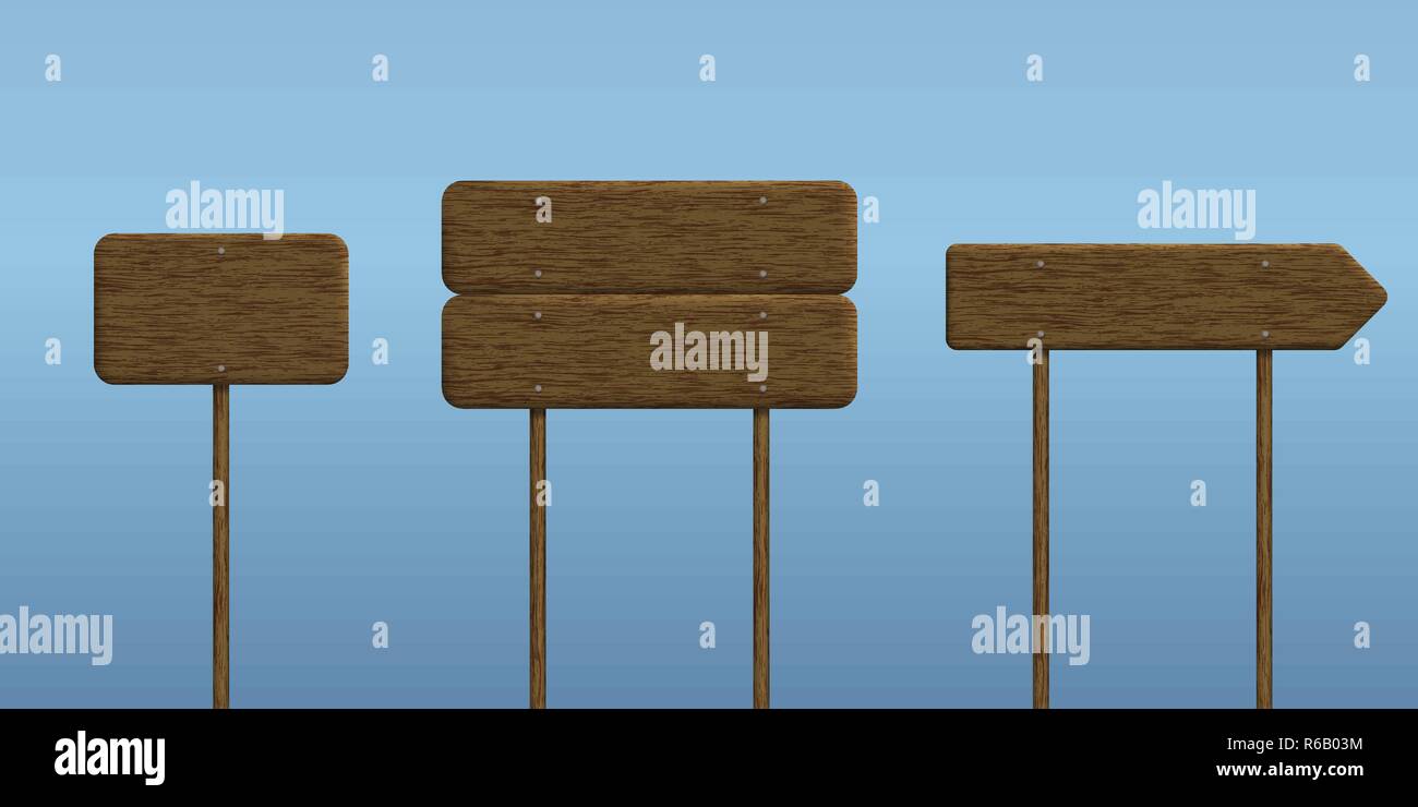 Realistic illustration set of wooden sign on a stick with a blue sky ...