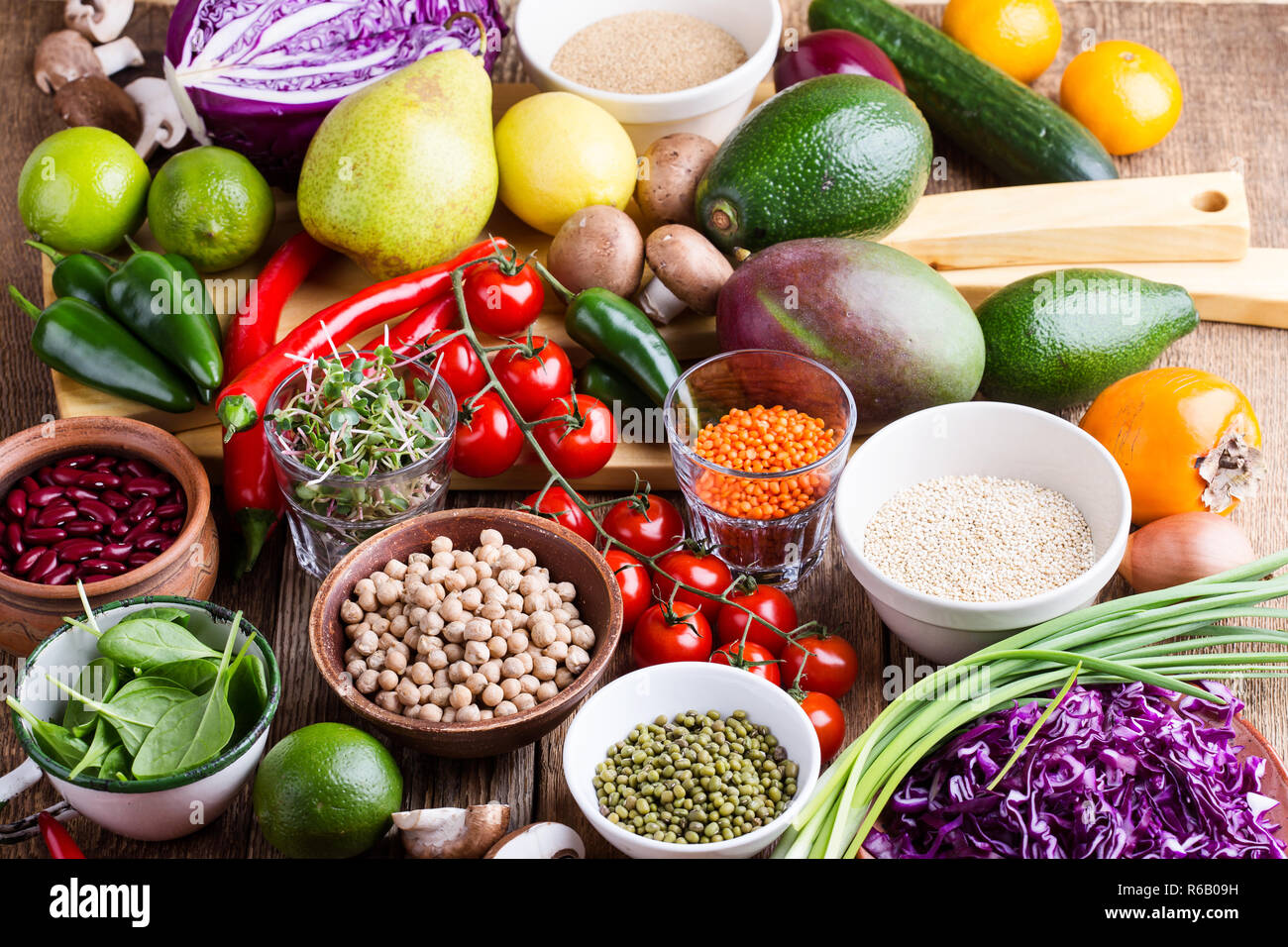 Healthy plant based vegan food. Variety of fresh vegetables, fruits ...