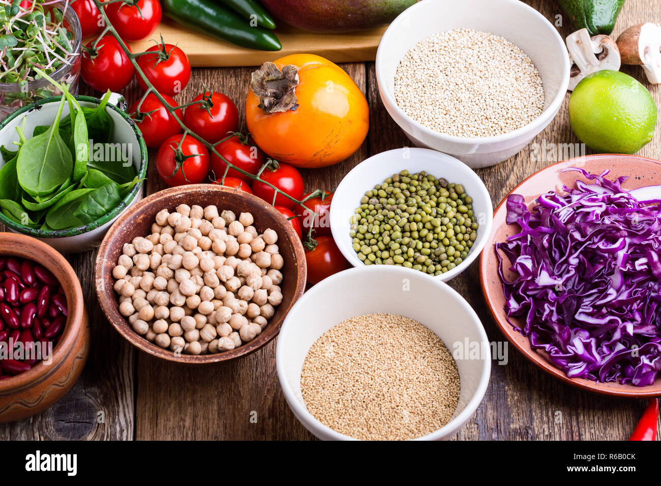 Healthy plant based vegan food. Variety of fresh vegetables, fruits ...