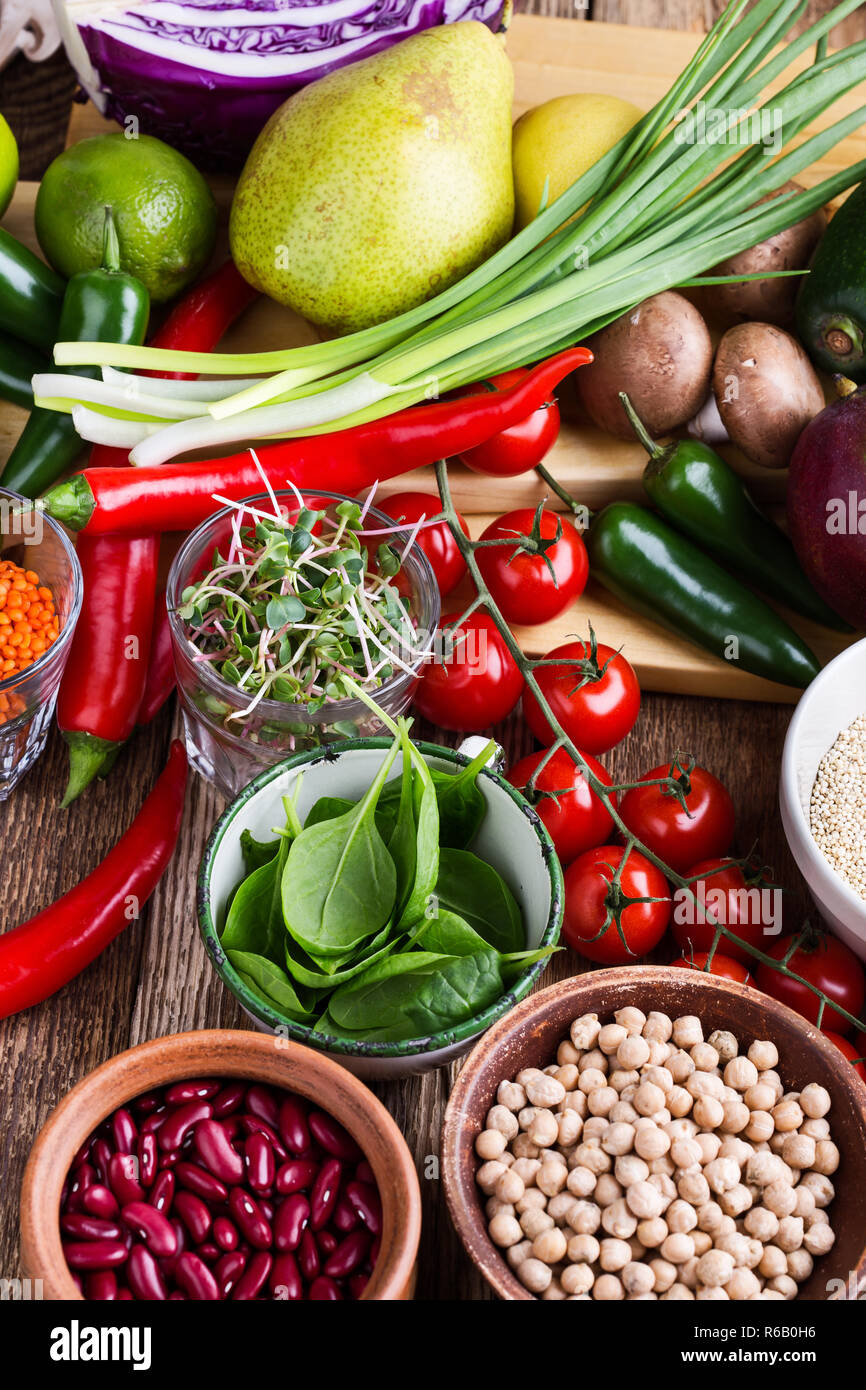 Healthy plant based vegan food. Variety of fresh vegetables, fruits ...