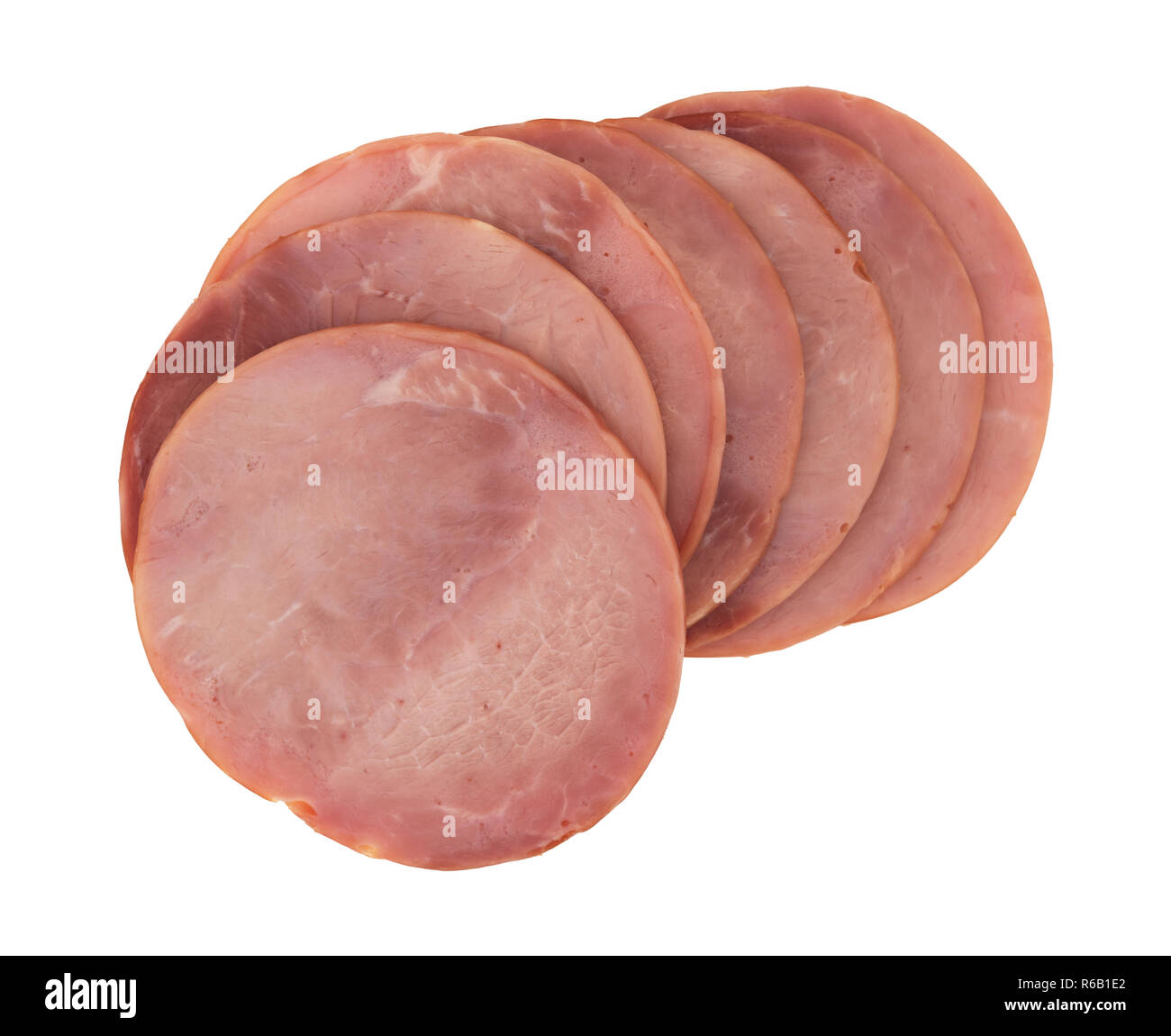 Top view of several round breakfast ham slices isolated on a white ...