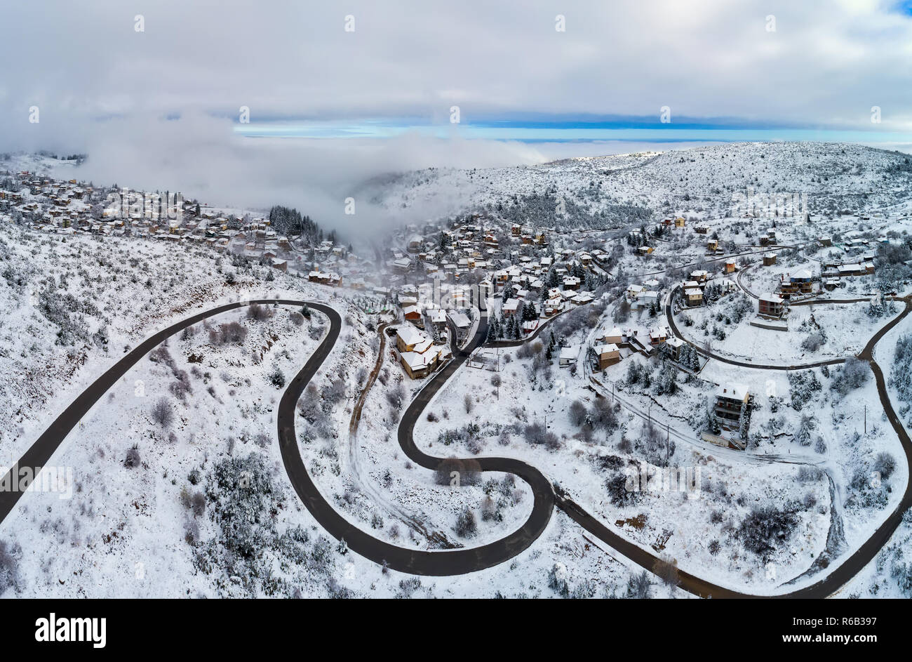 Aerial View of Seli Traditional Greek Village Covered by Snow in Winter ...