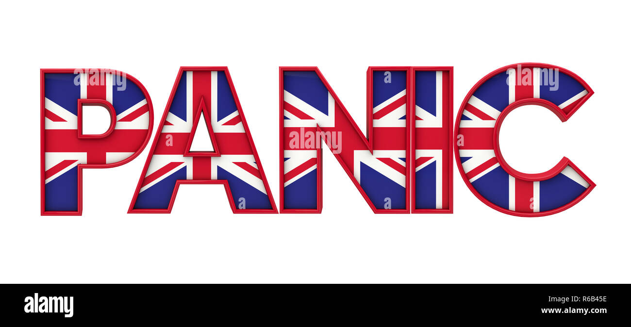Panic word made from union jack flag lettering. 3D Rendering Stock ...