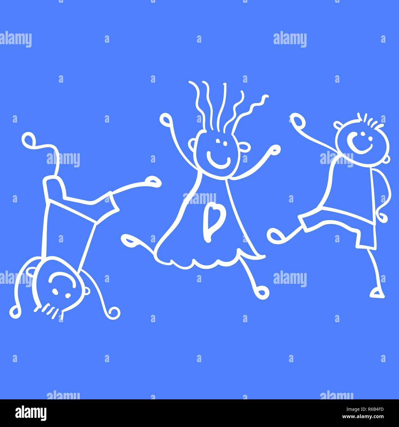Three playing children. Style of childrens drawing. Vector illustration ...