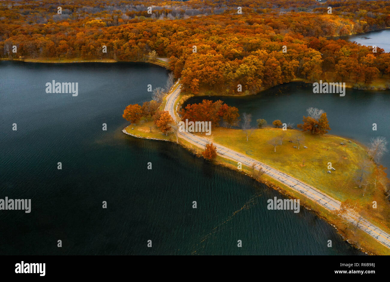 Island Road Aerial in Autumn, a park road in Kensington Metropark ...