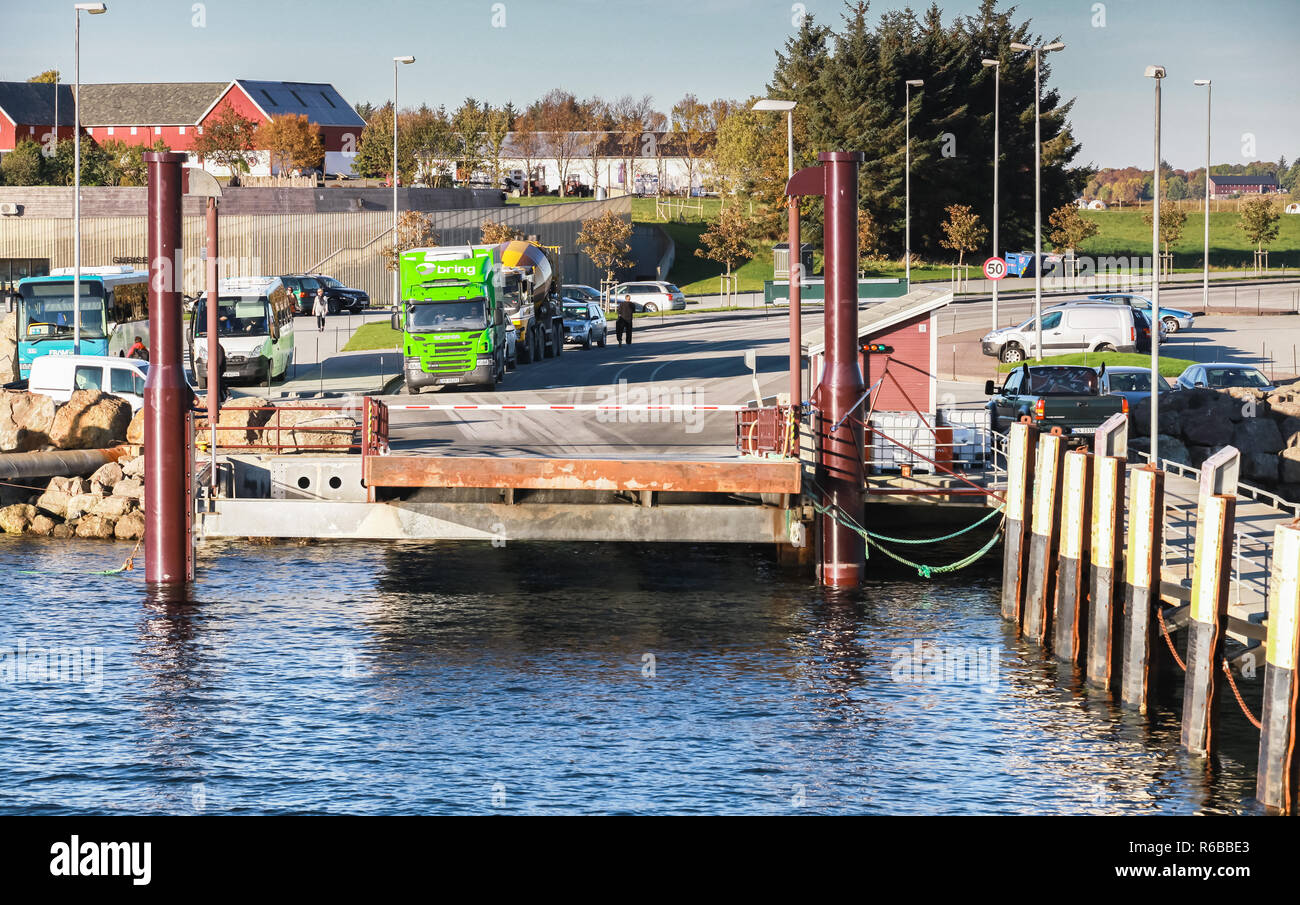 Hasselvika, Norway - 17 October, 2016: Ferry ramp and mooring pier ...