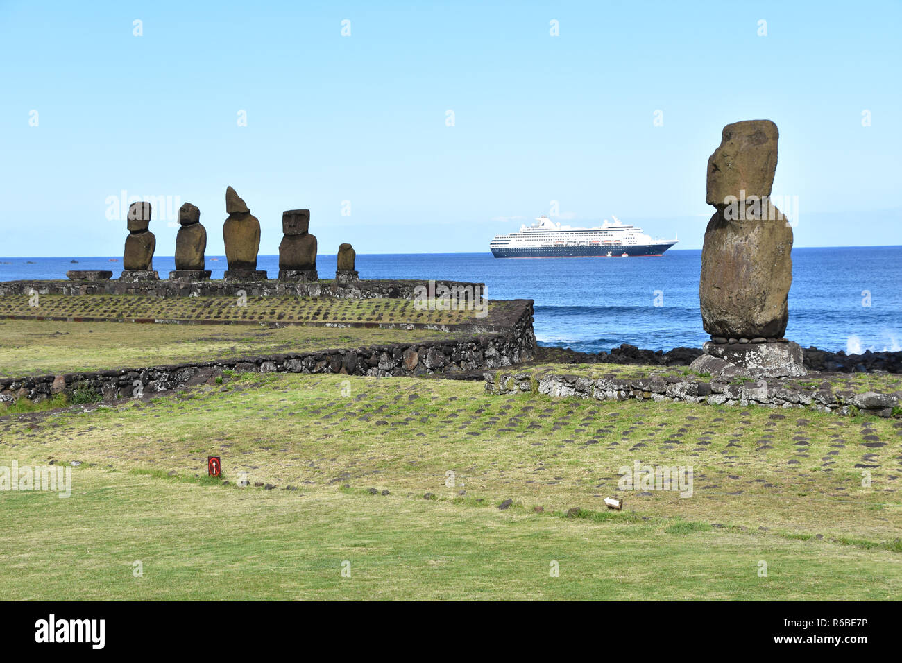Easter Island (Rapa Nui) Ancient Maoi statues along the coastline with ...