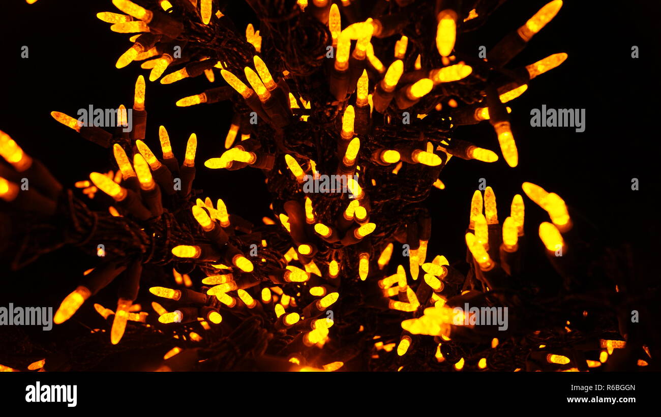 Glowing yellow Christmas lights, close up over a dark black night ...