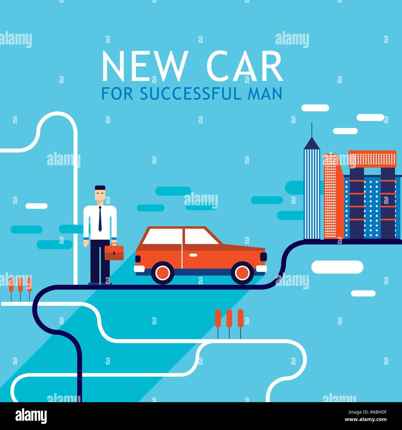 Happy successful businessman stands beside new car on cityscape ...