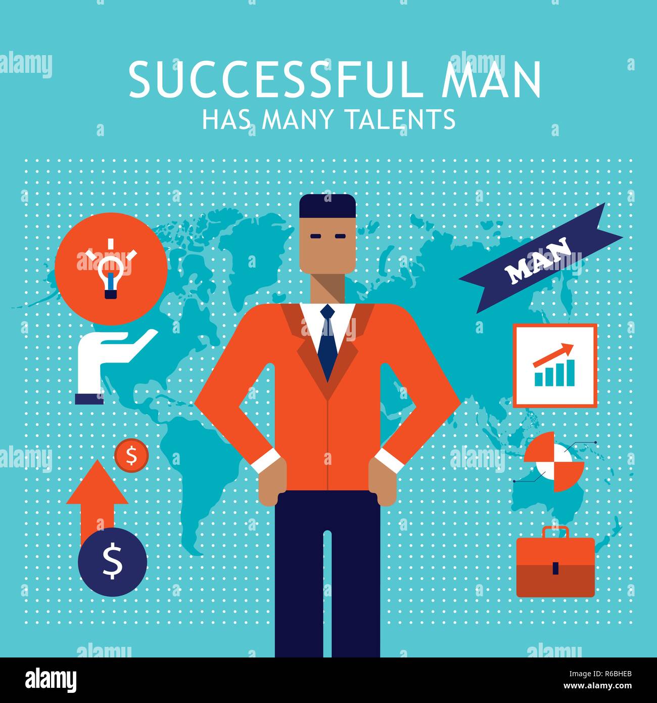 Happy successful businessman with business icons set flat design ...