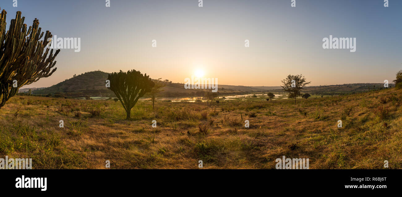 Spectacular savannah landscape of sun raising above marshes. Rwanda ...