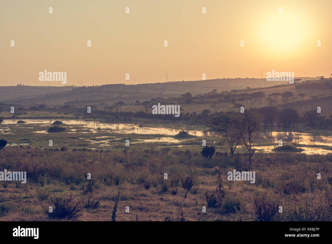 Spectacular savannah landscape of sun raising above marshes. Rwanda ...