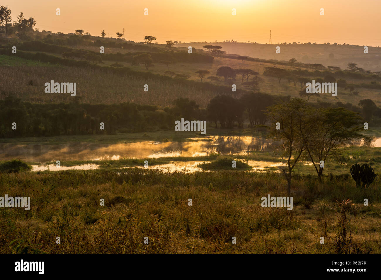 Spectacular savannah landscape of sun raising above marshes. Rwanda ...