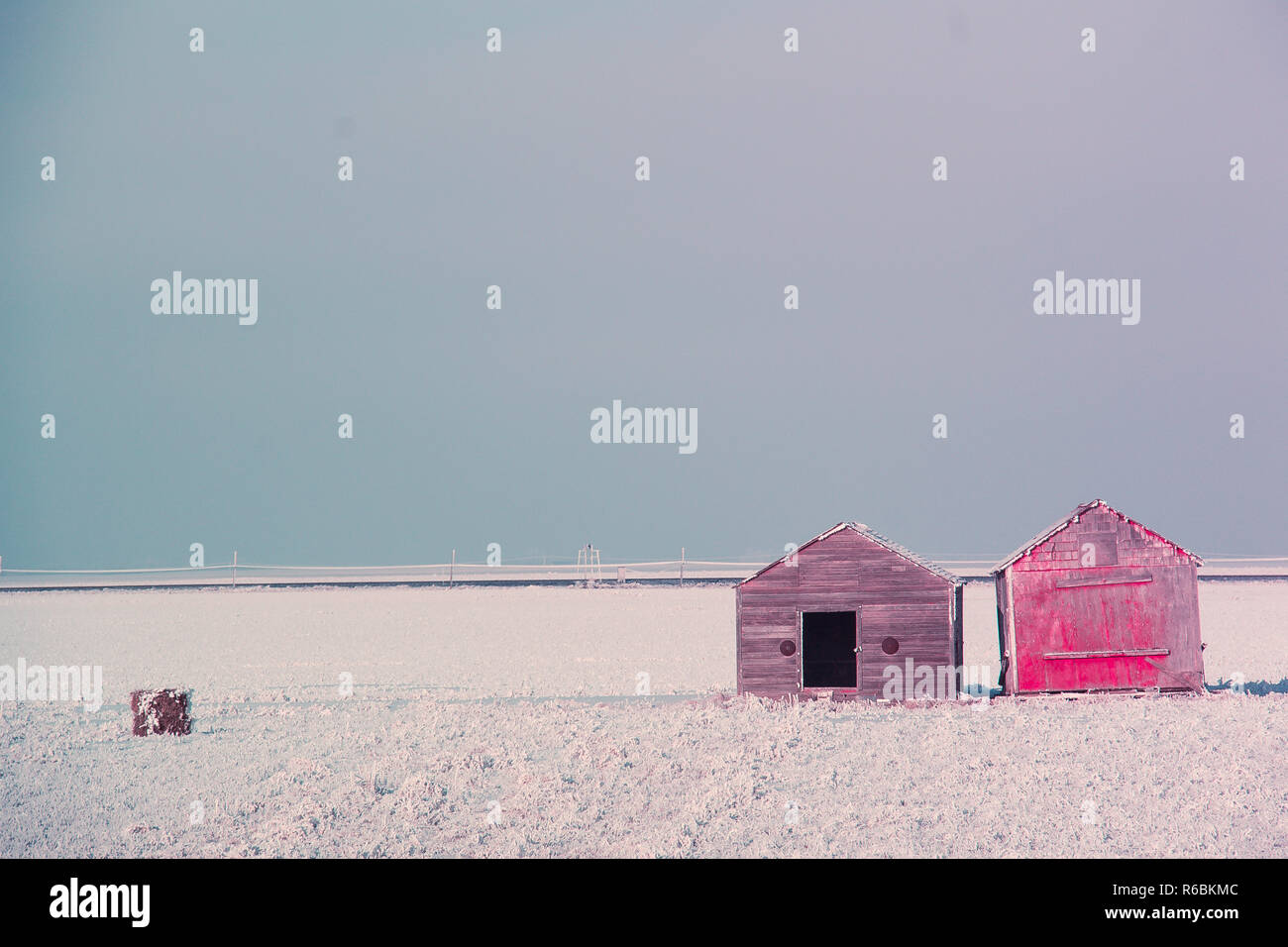 One Red Shed on frozen landscape Stock Photo - Alamy