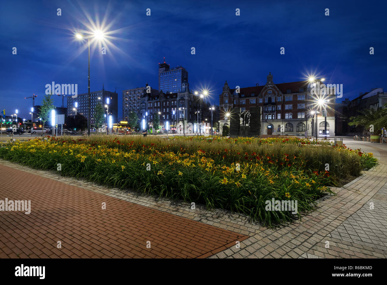 Central square of the Katowice in the evening. Poland Stock Photo - Alamy