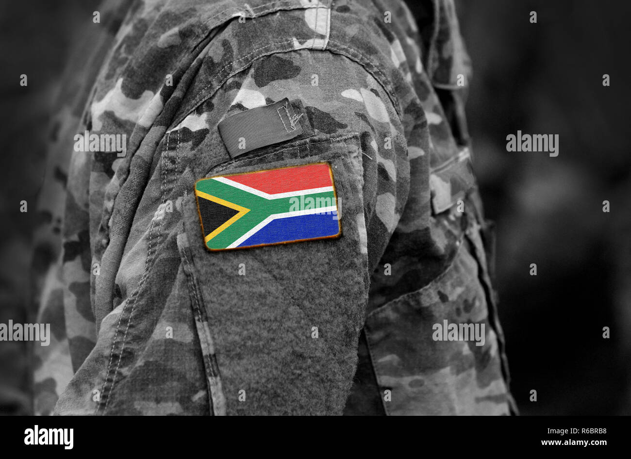 Flag of South Africa on soldiers arm. South Africa flag on military ...