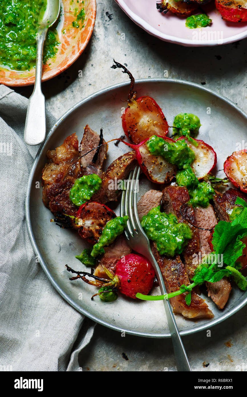 RIB-EYE STEAKS WITH RADISH GREENS CHIMICHURRI SAUCE.style rustic ...