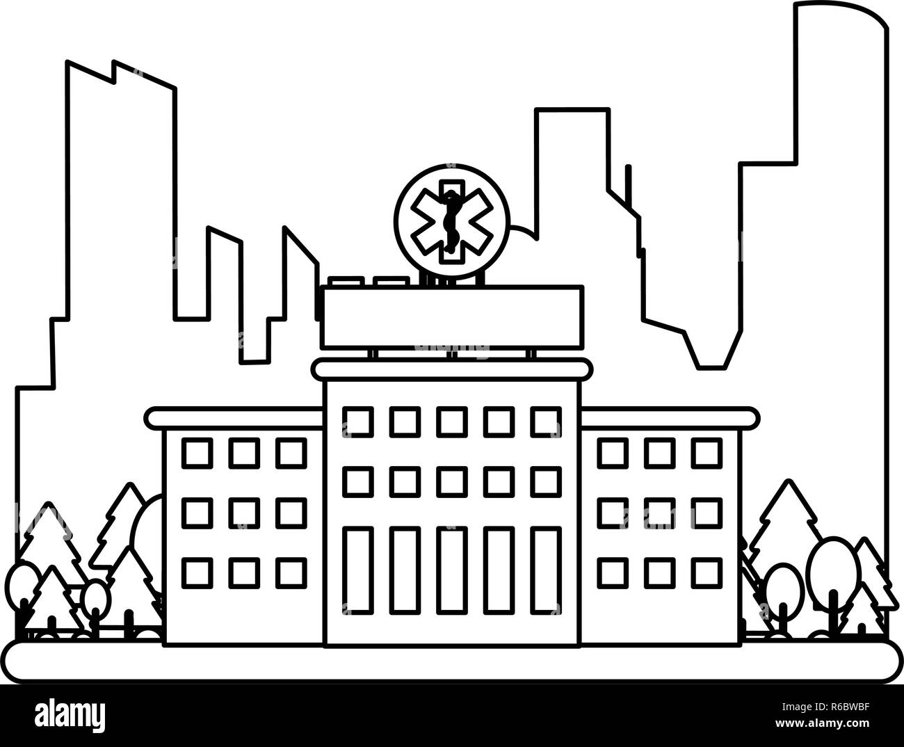 Hospital building scenery in black and white Stock Vector Image & Art ...