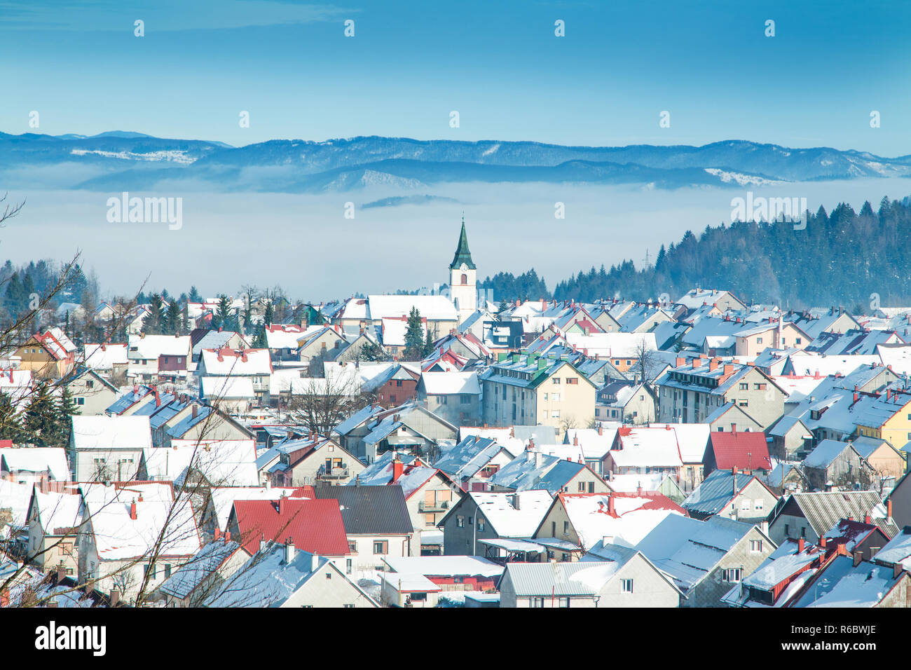Croatia, Gorski kotar, town of Delnice in winter, panoramic view ...