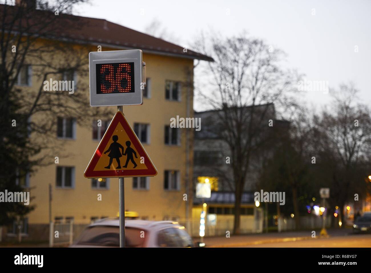 road sign school and speed control with a speed indication Stock Photo ...