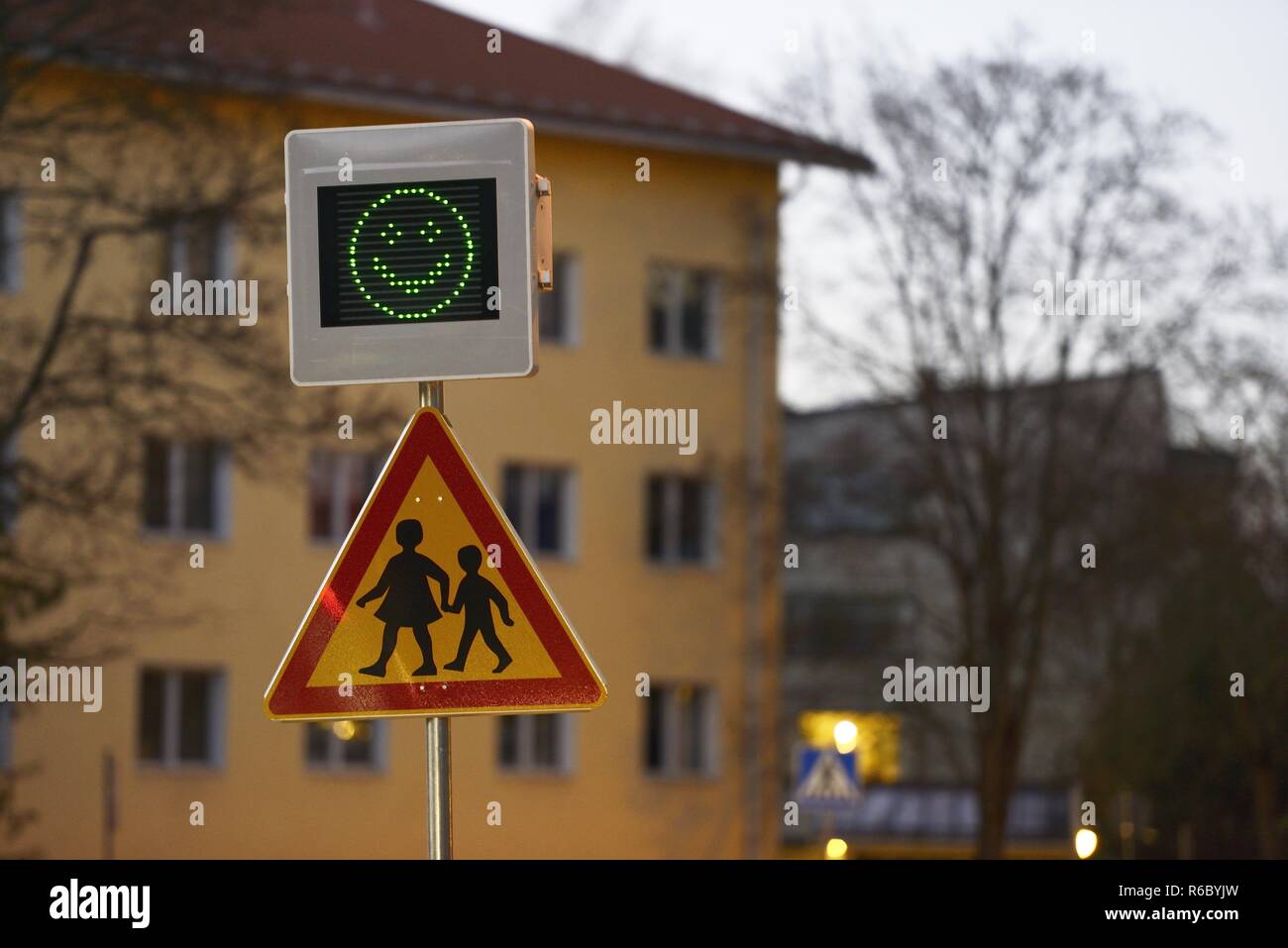 road sign school and speed control with a smiley Stock Photo - Alamy