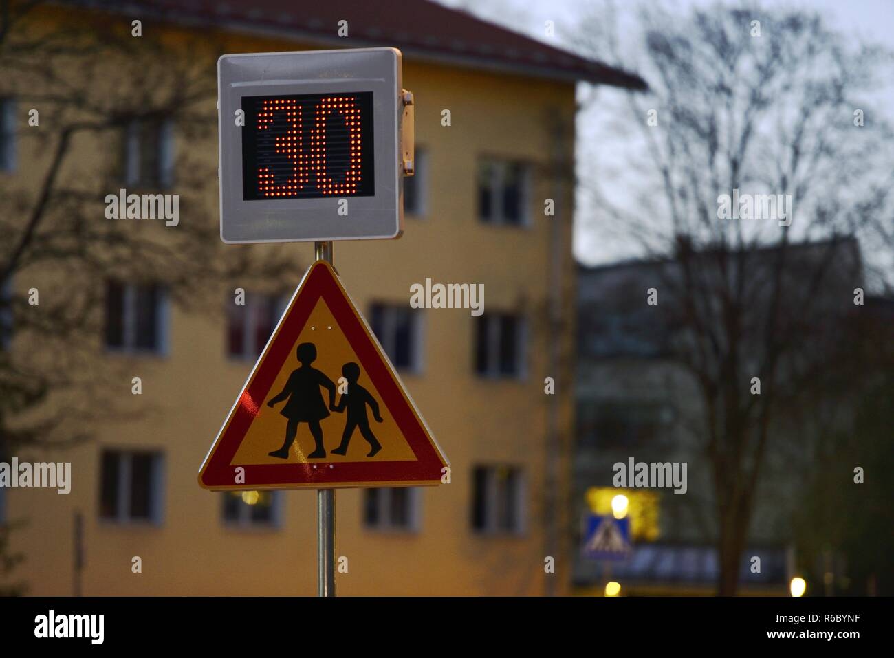 road sign school and speed control with a speed indication Stock Photo ...