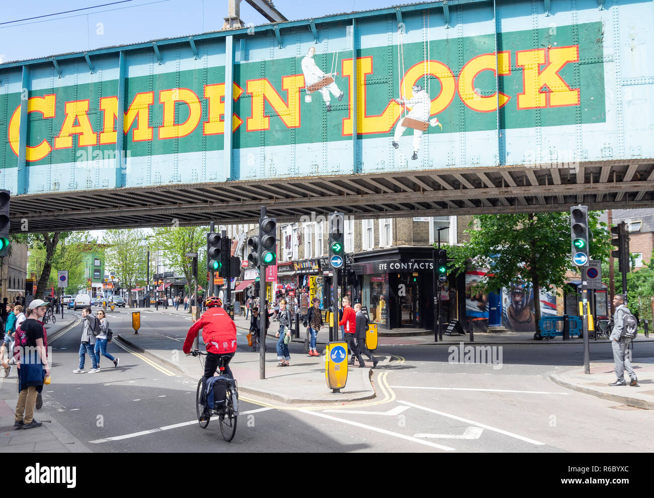 Railway bridge cyclist busy camden lock sign town london borough hi-res ...