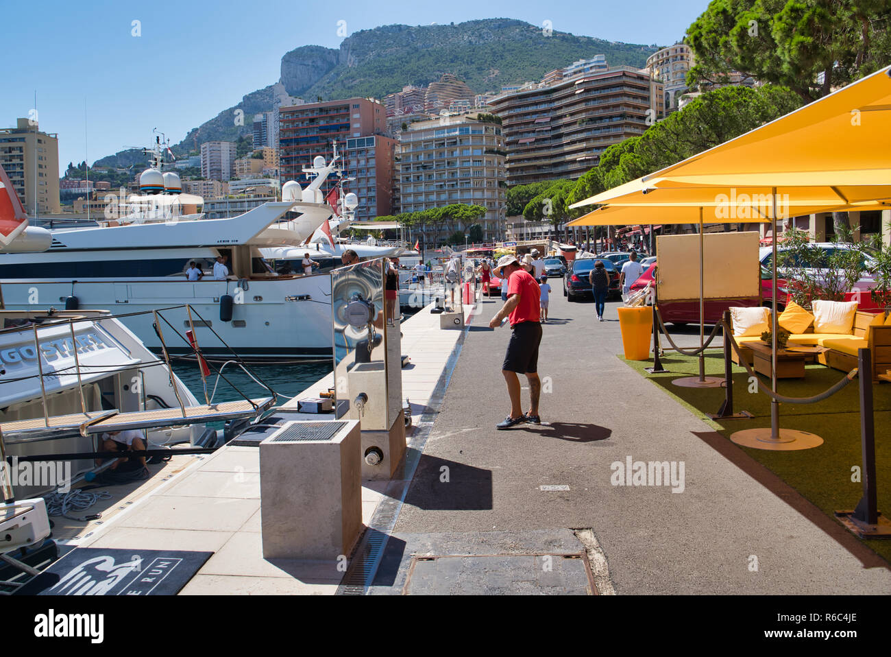 MONACO, EUROPE - AUGUST 11, 2018: a mooring with yachts, the embankment ...