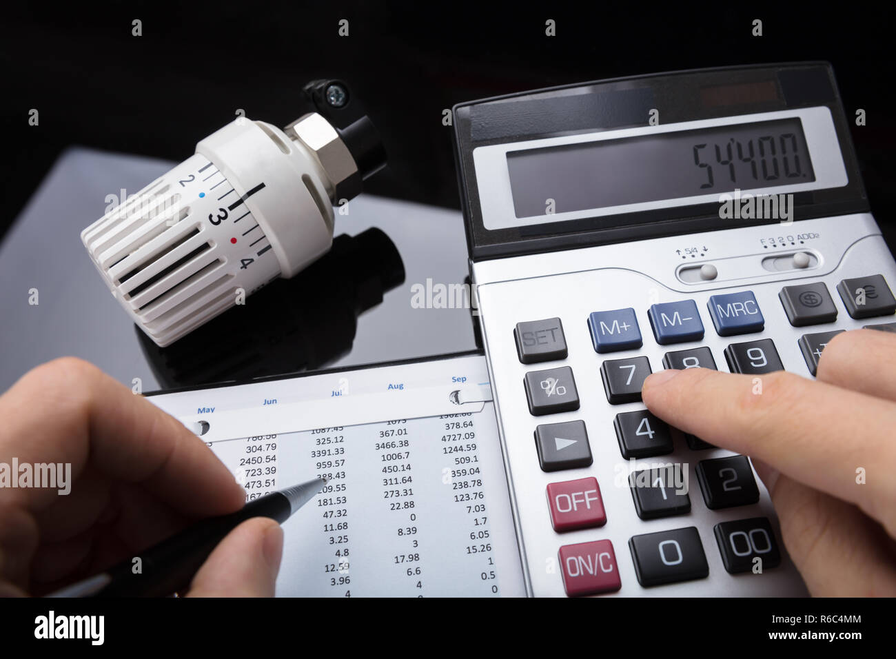 Close-up Of A Human Hand Calculating Financial Report Stock Photo - Alamy