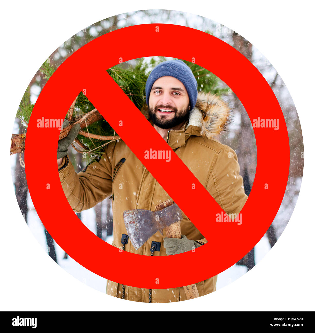 Crossed out red sign on bearded lumberjack man carrying freshly cut ...