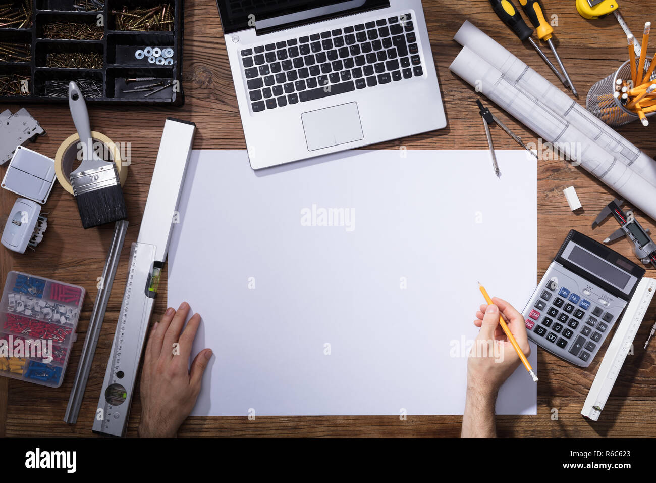 Blueprint with pen and tape measure hi-res stock photography and images ...