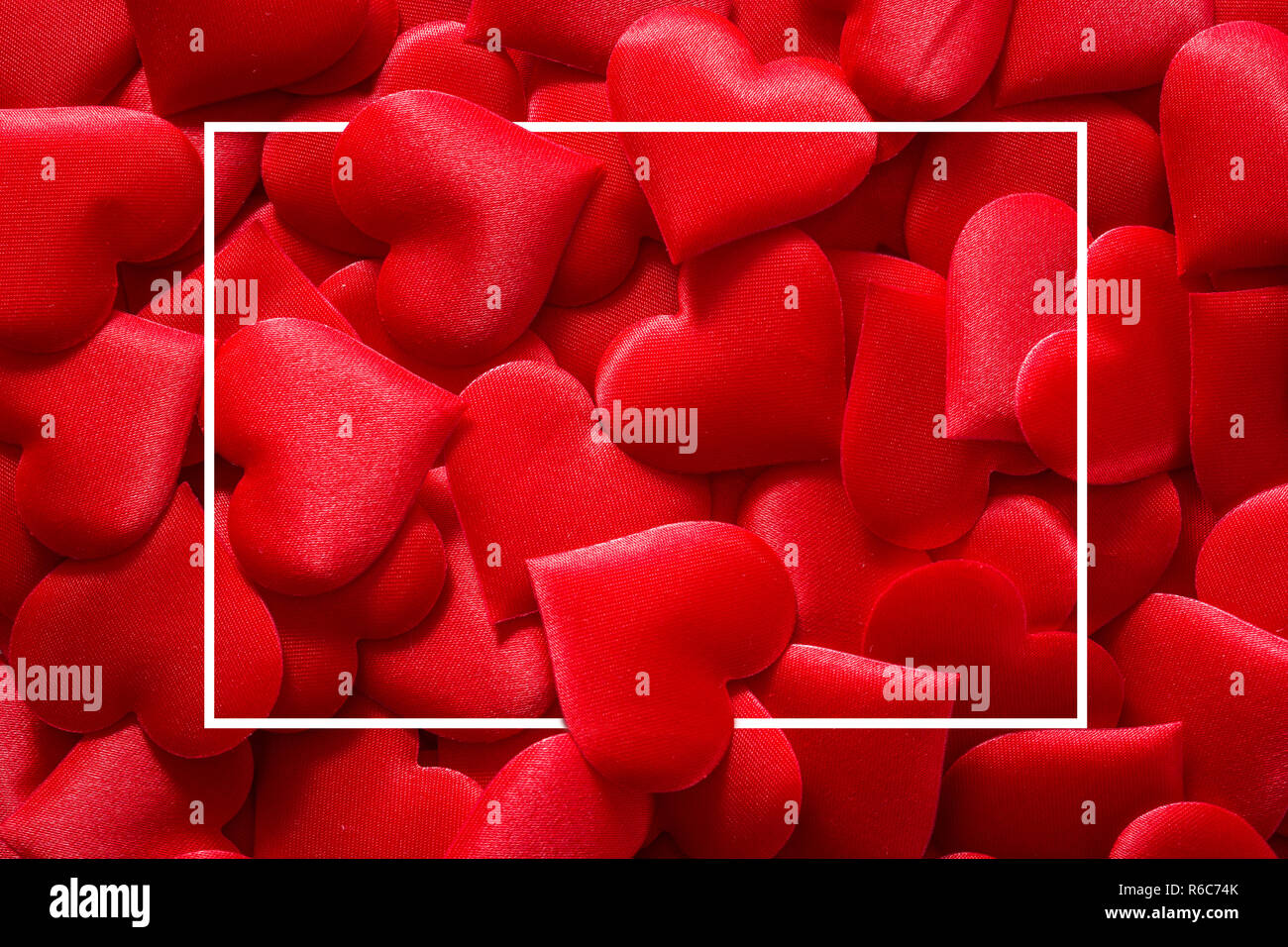 Red hearts background with square frame for valentines day. Top view ...