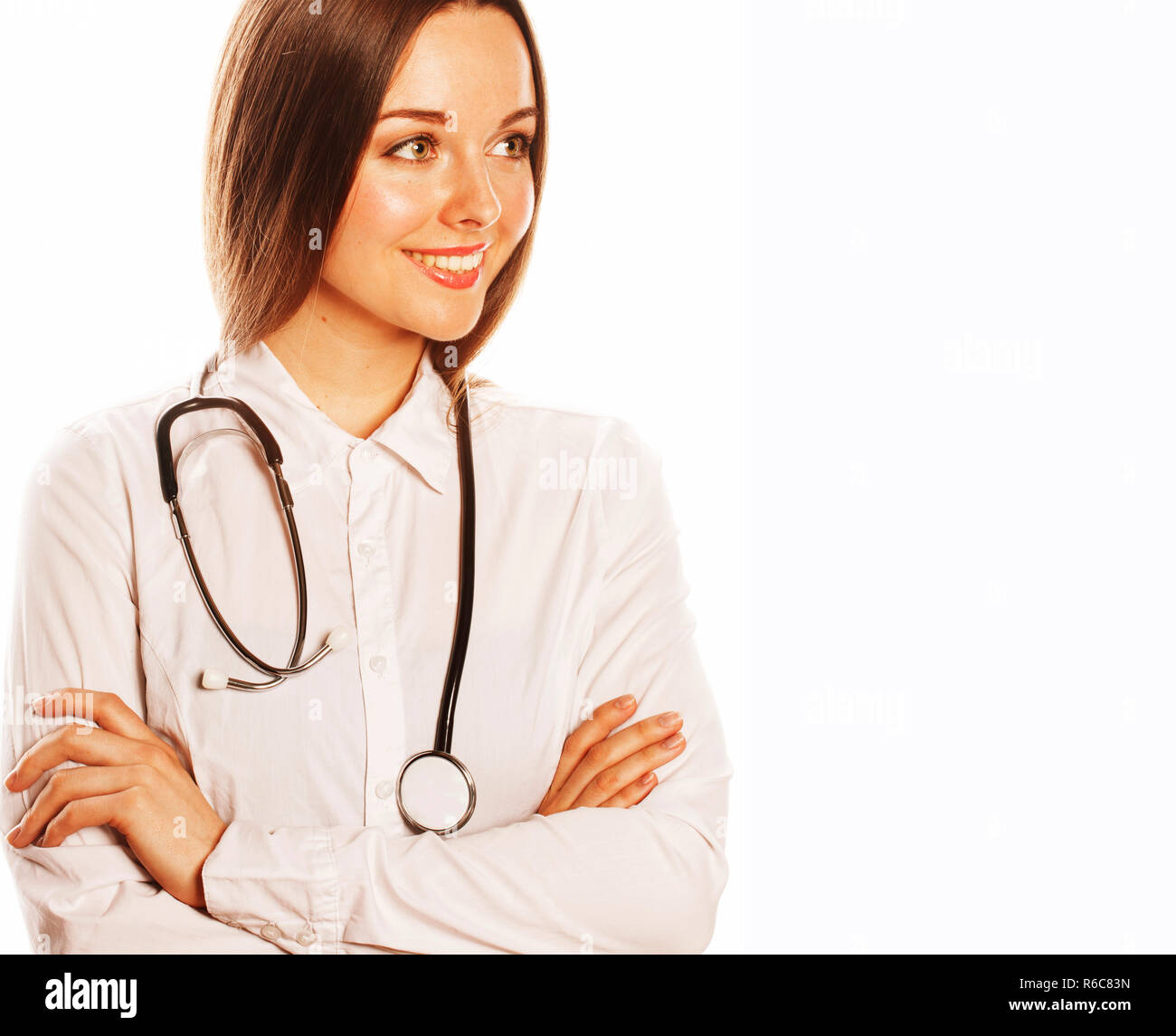 young pretty woman doctor with stethoscope on white background Stock ...