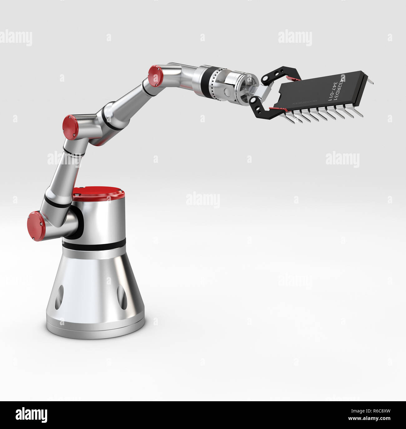 3d rendering metallic robotic arm with transistor on gray background ...