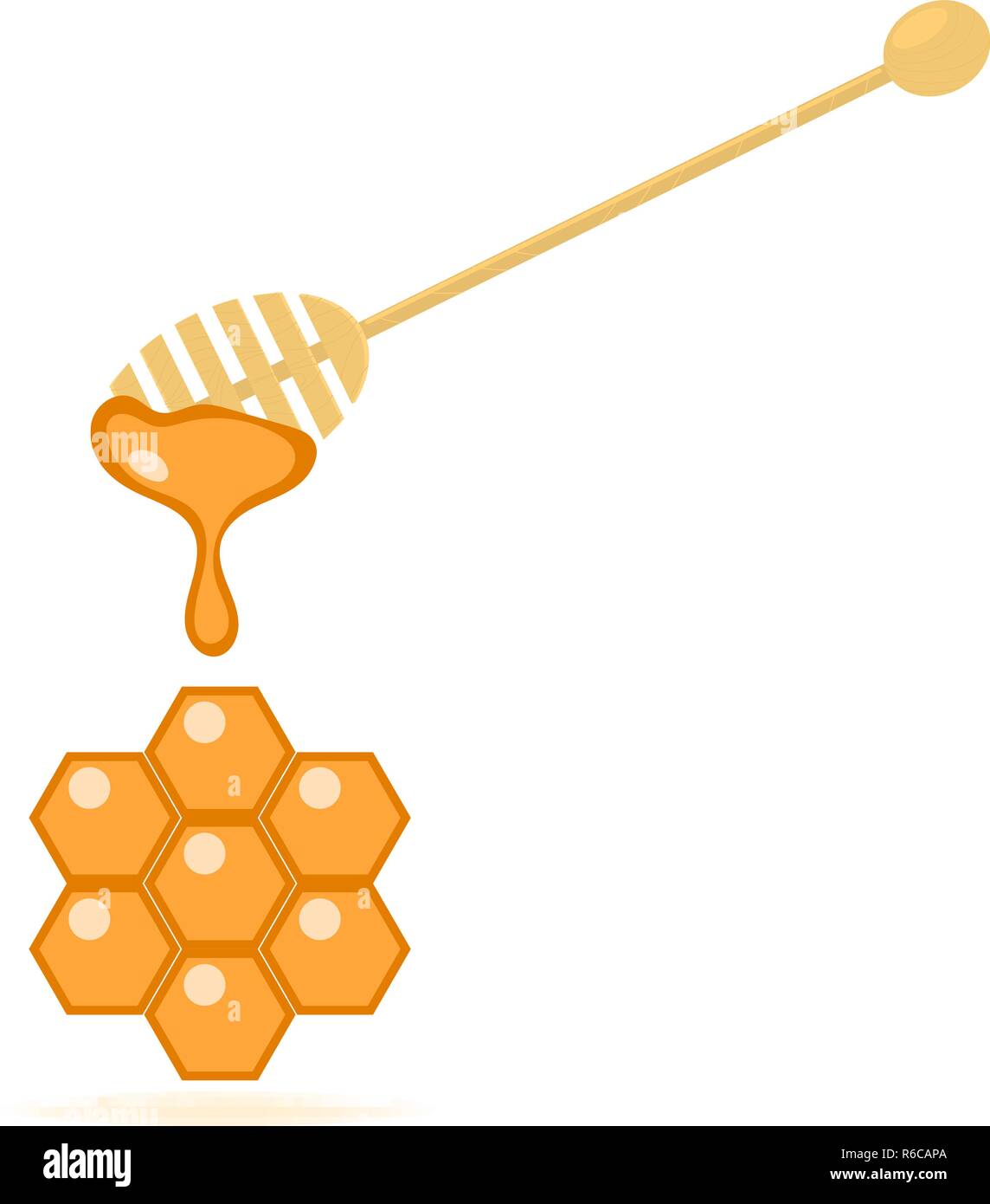 Honey spoon and honeycomb on a gray background. Vector illustration ...