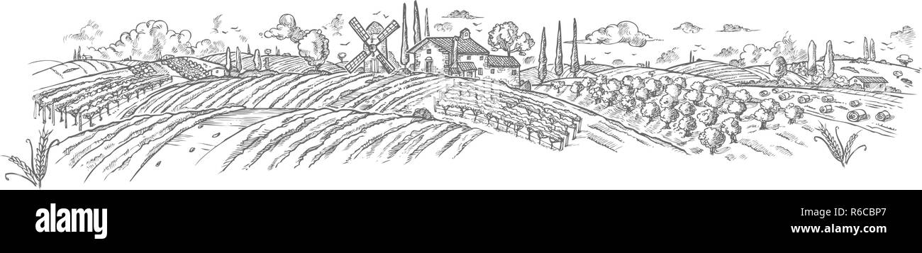rural landscape Hand drawn with plant. Vector illustration Stock Vector ...