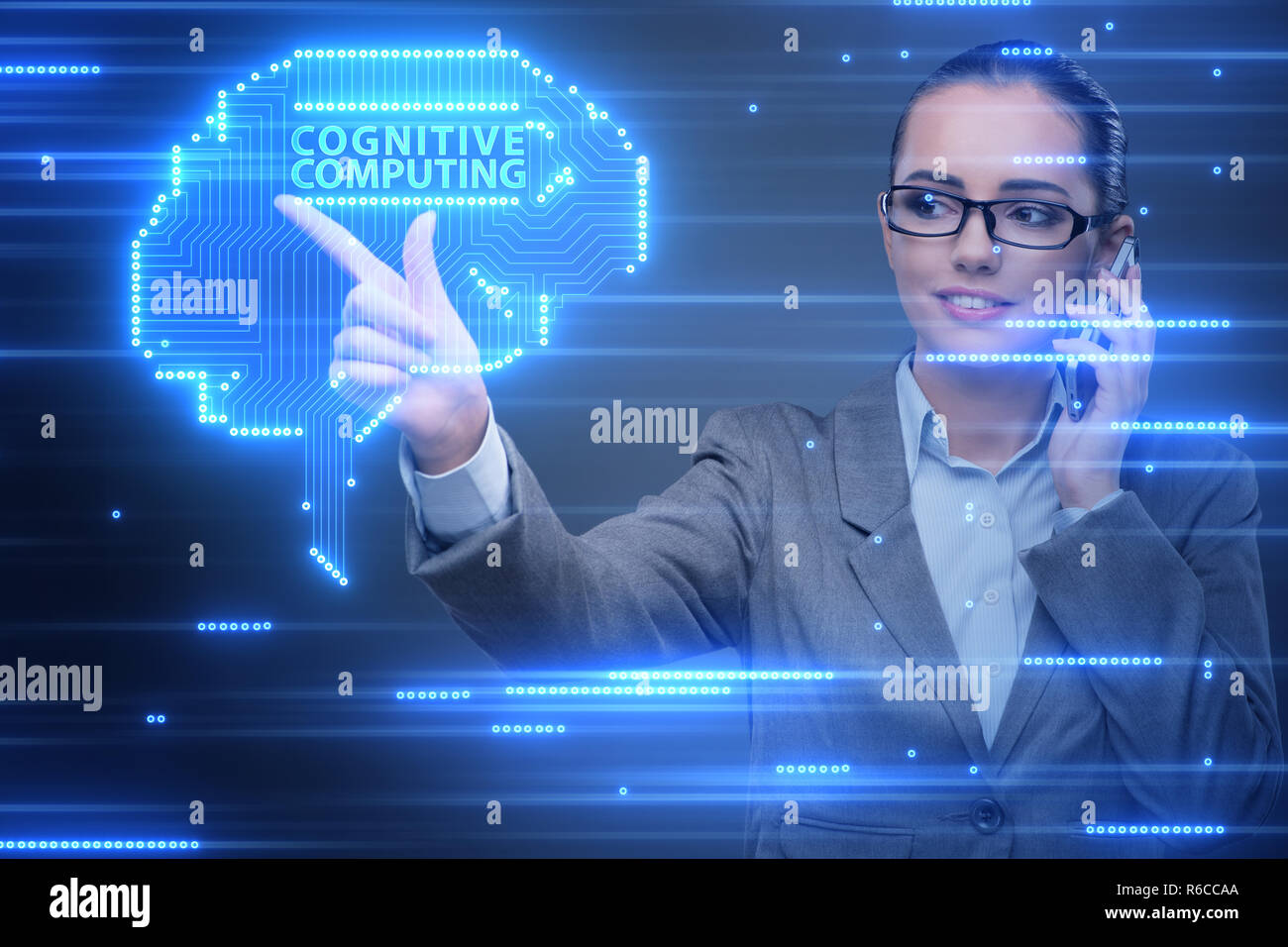 Cognitive computive concept with woman pressing buttons Stock Photo - Alamy