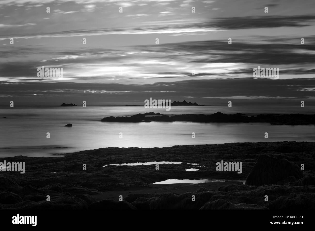 Dusk, almost night, at a beach from north of Portugal. Long-exposure ...