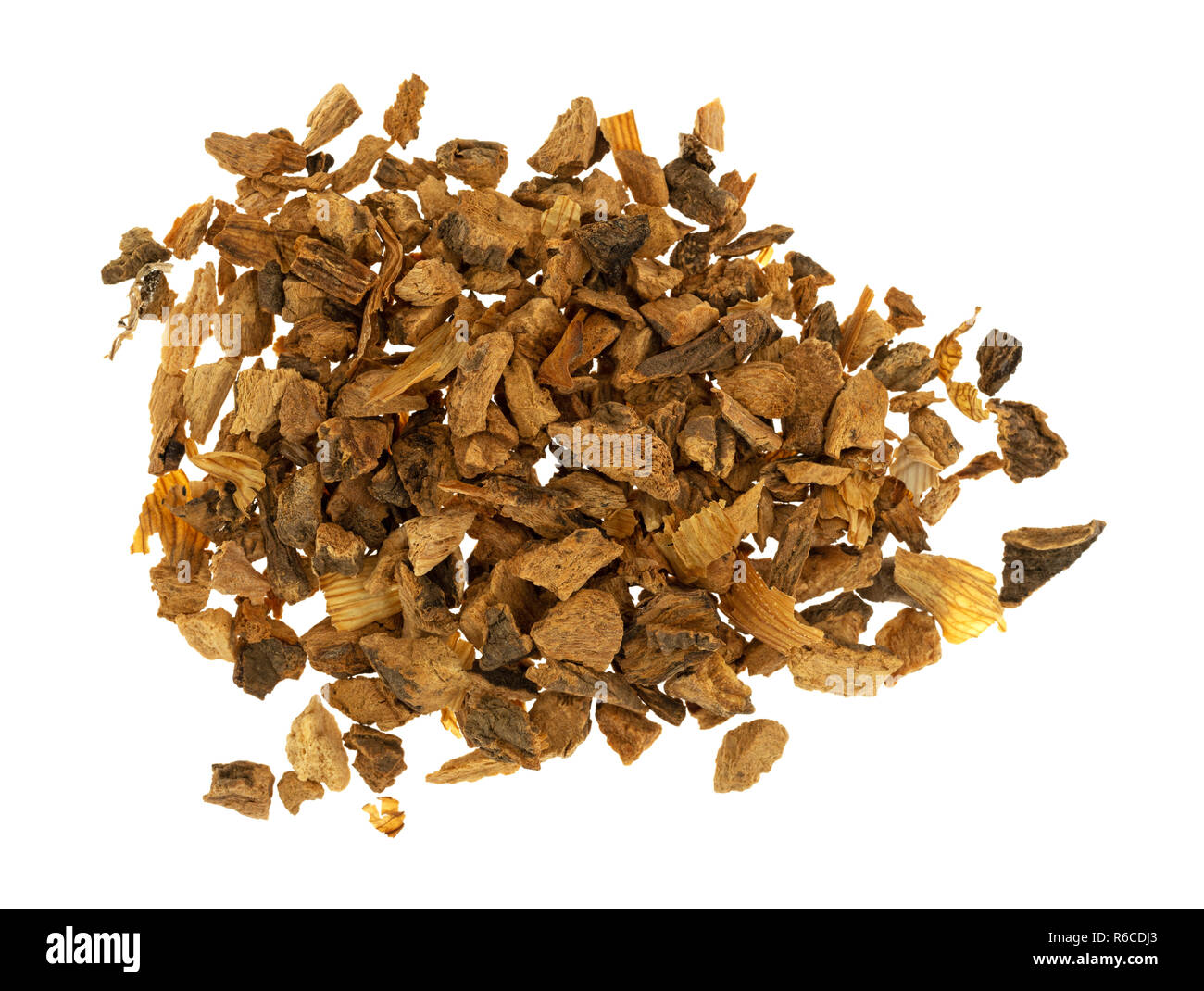 Top view of a small pile of organic cut gentian root isolated on a ...