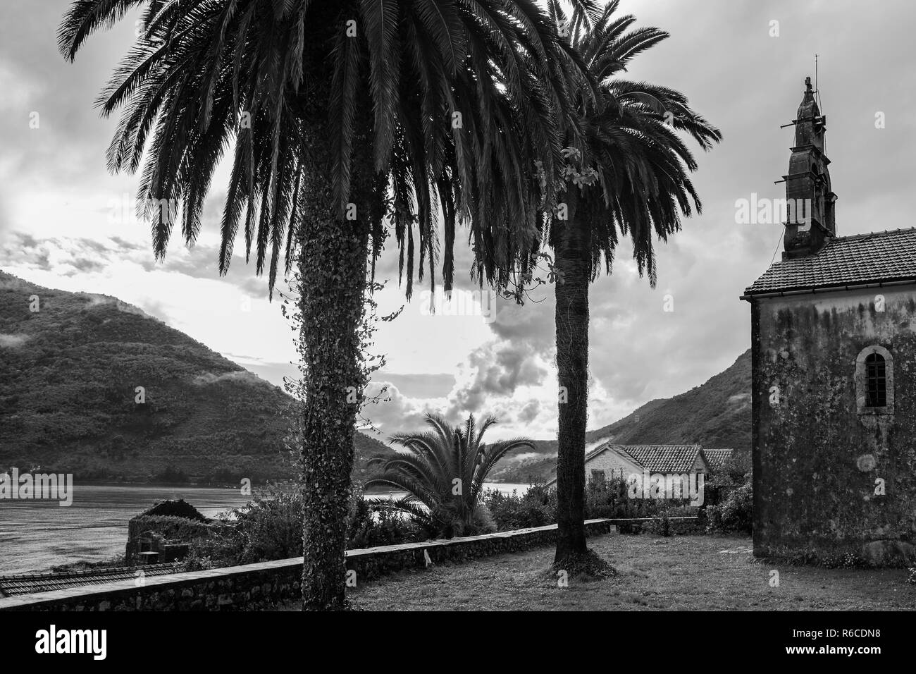 Overlooking the village of Perast, Boka Kotorska, Montenegro. Black and ...
